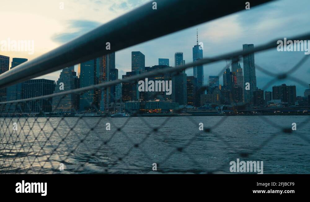 JIB EST SUNSET View of New York City Manhattan downtown skyline. 4K UHD ...