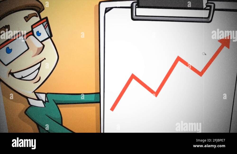 Illustration of a nerdy looking guy pointing at a chart with an upward ...