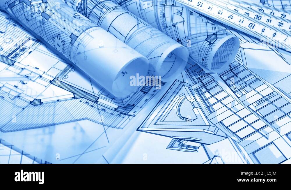 Blueprints - rolls of architectural drawings smoothly rotate Stock ...
