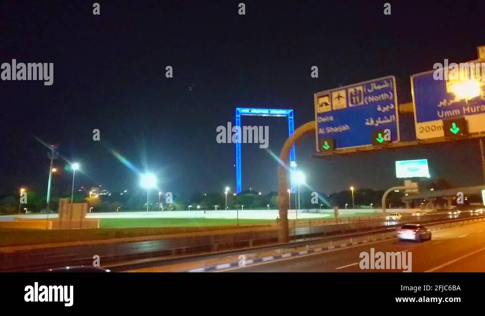 Night Street Traffic Buildings The Frame Dubai Lights UAE Stock Video ...