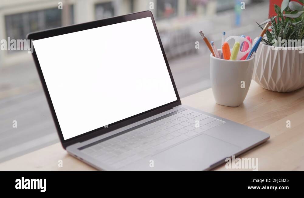 Office Laptop Computer White Screen, Window Office View Desk, Blank ...