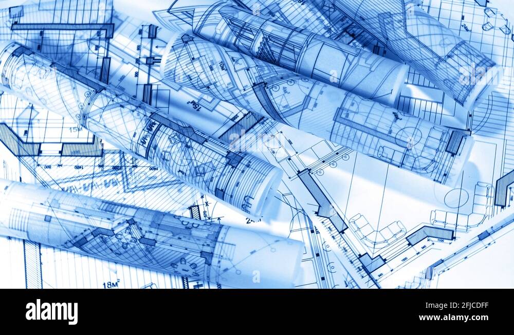 Blueprints - rolls of architectural drawings smoothly rotate Stock ...