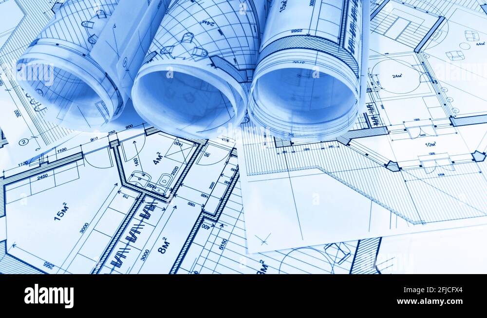 Blueprints - rolls of architectural drawings smoothly rotate Stock ...