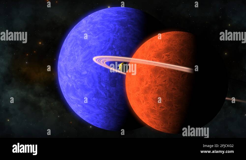 Two rotating planets and the milky way with planetary rings and ...
