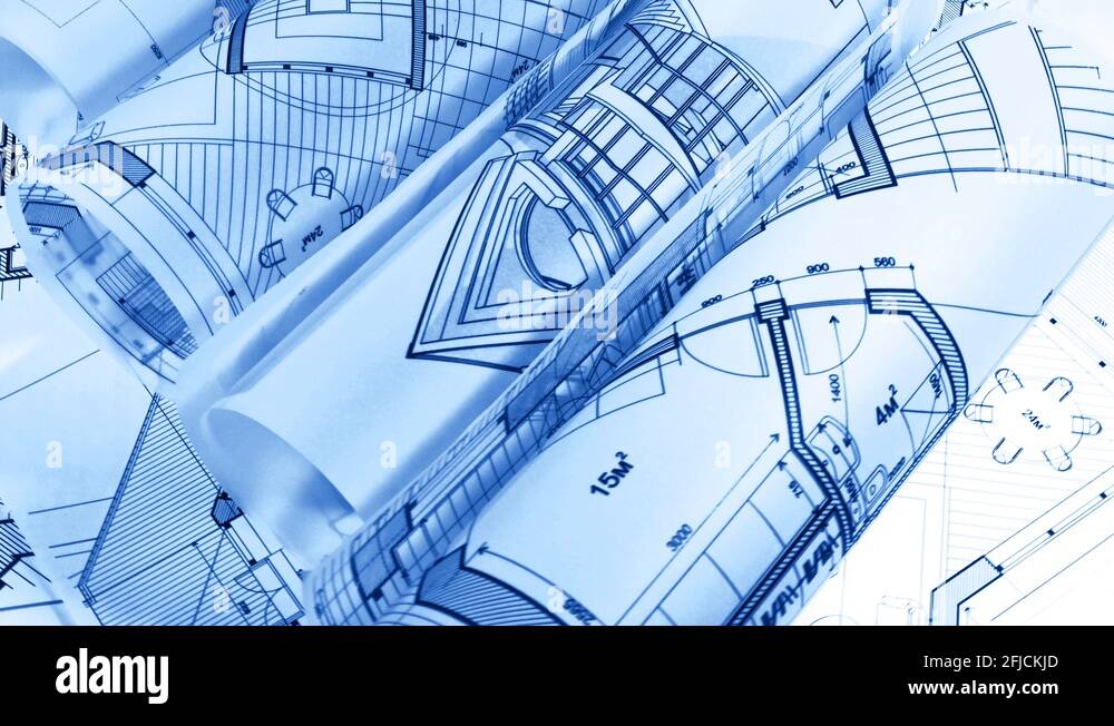 Blueprints - rolls of architectural drawings smoothly rotate Stock ...