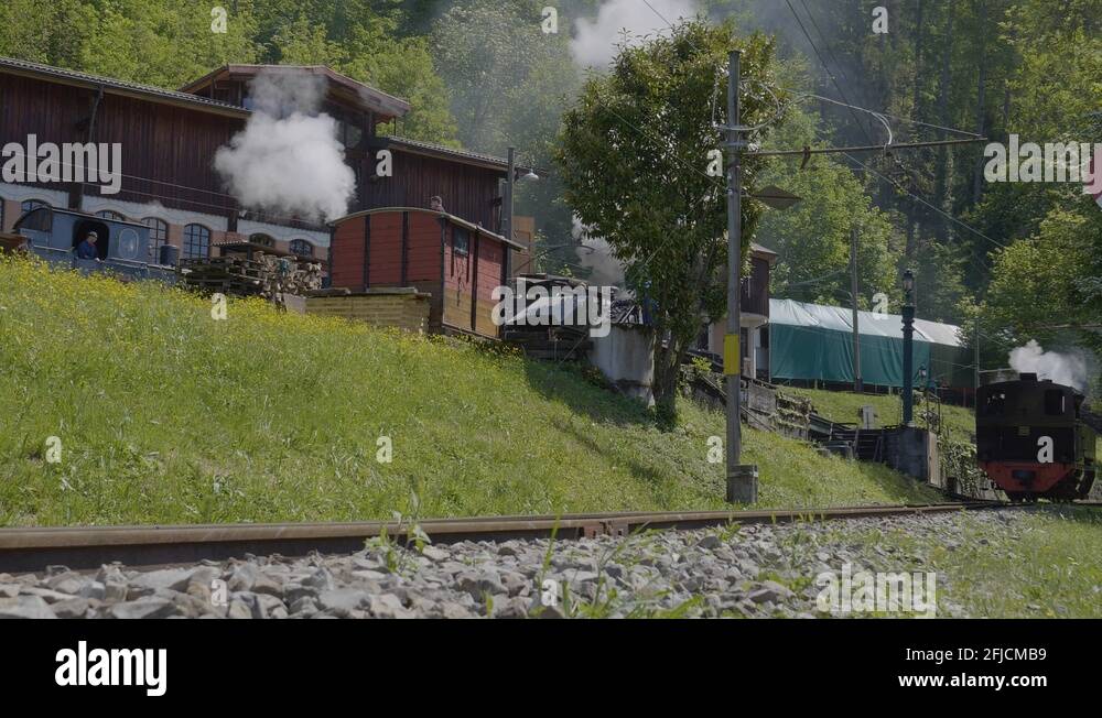 Narrow gauge steam locomotive driving in reverse Blonay-Chamby museum ...