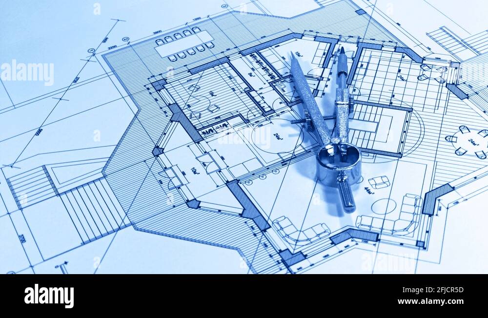 Blueprints - architectural drawings and compasses smoothly rotate Stock ...
