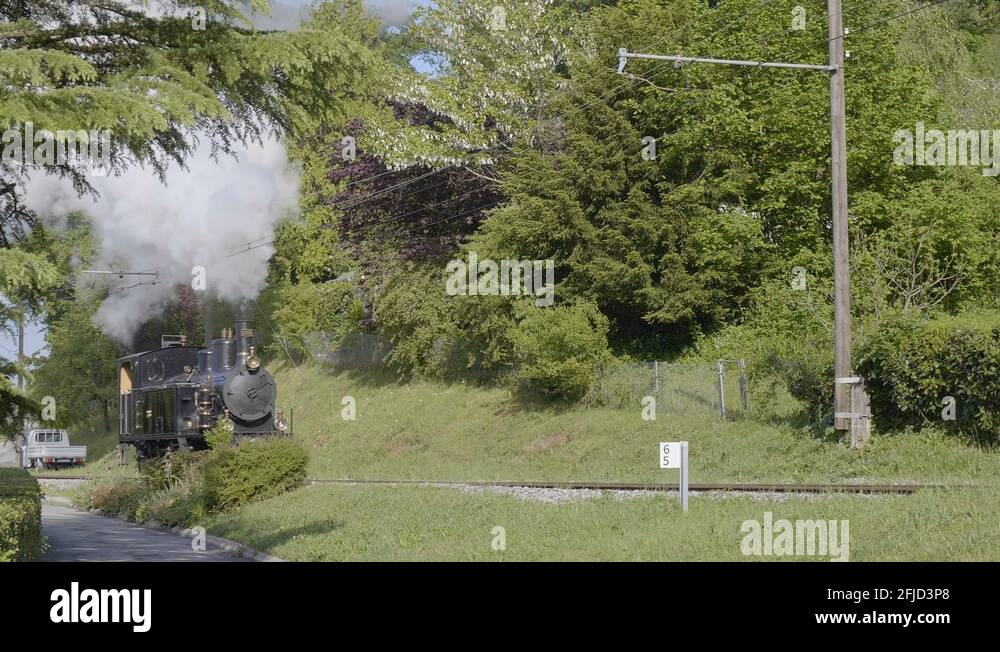 Narrow gauge black steam locomotive passing by Blonay-Chamby museum ...