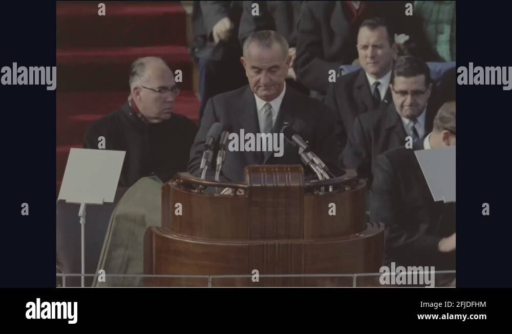 President Lyndon B. Johnson starts the speech after swearing ceremony ...