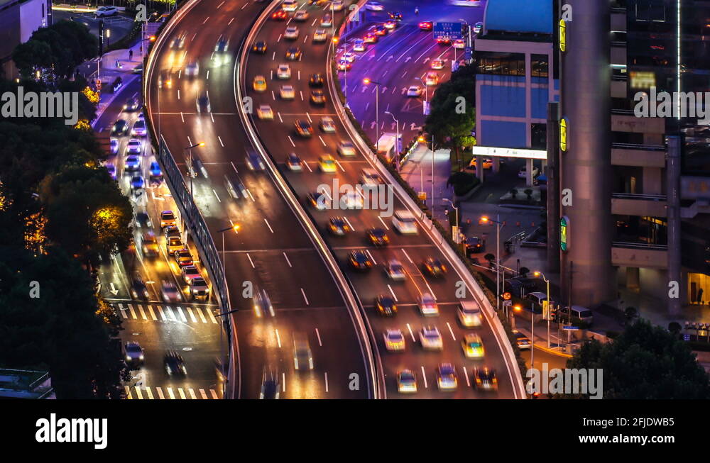 China Shanghai, Aerial View of freeway rush hour heavy traffic jam ...