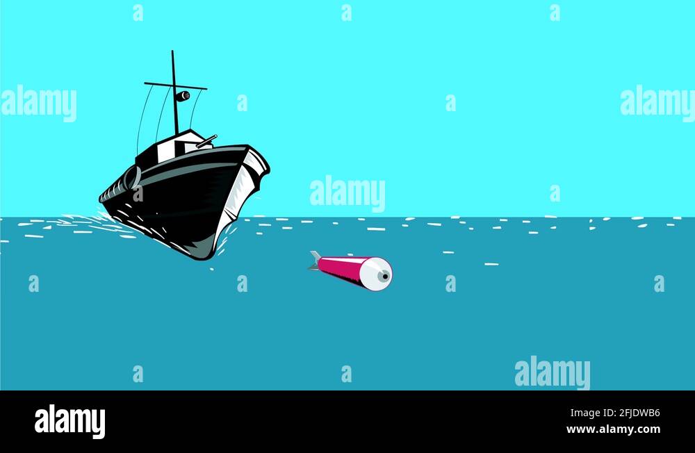World War Two Torpedo Boat Firing at Freighter Ship 2D Animation Stock ...