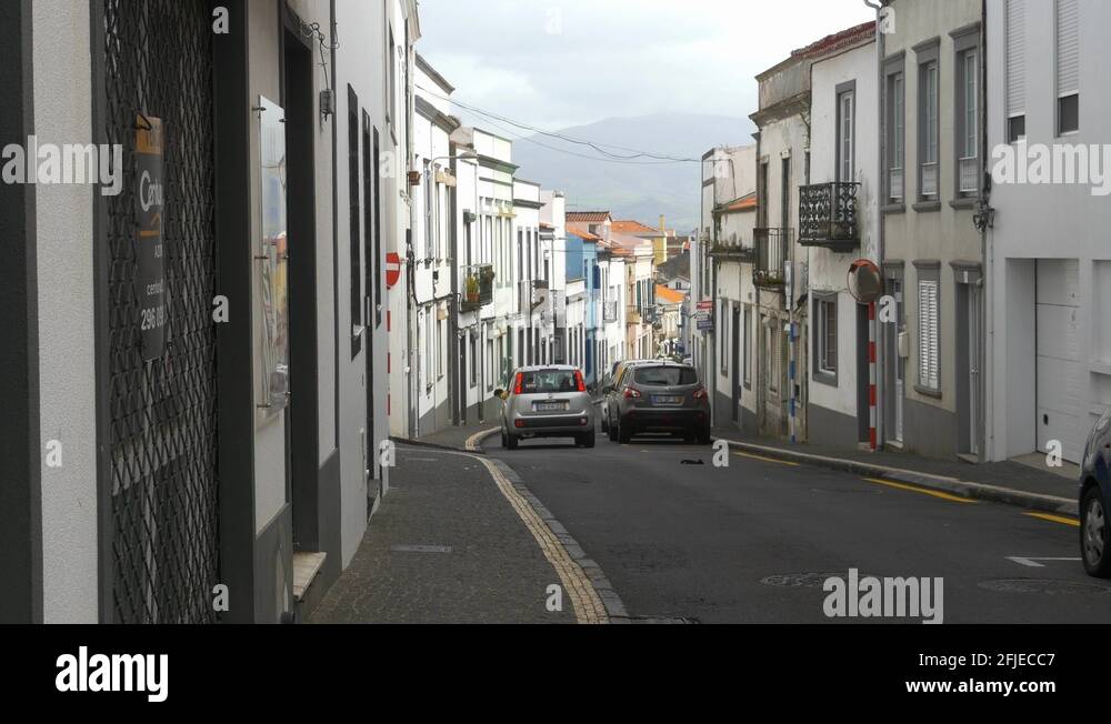 Typical street scene in the city of Ponta Delgada, capital of the ...