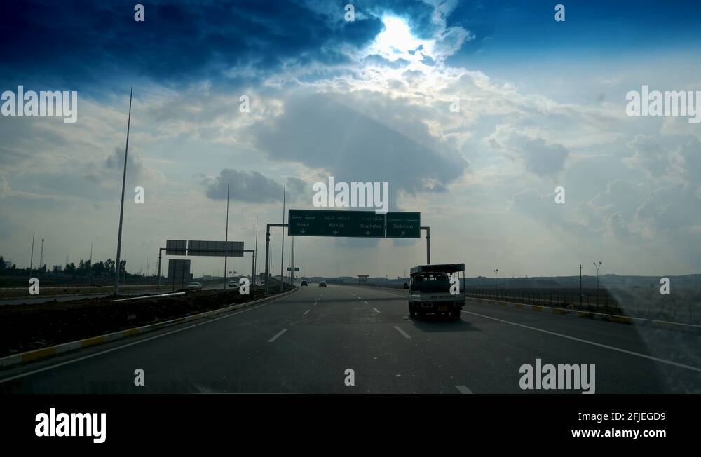 Highway signage in Erbil, Kurdistan Iraq for Kirkuk, Mosul and Baghdad ...