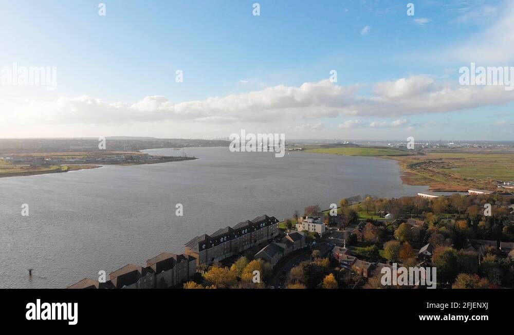 An aerial view of river Thames at Purfleet and the London skyline in ...