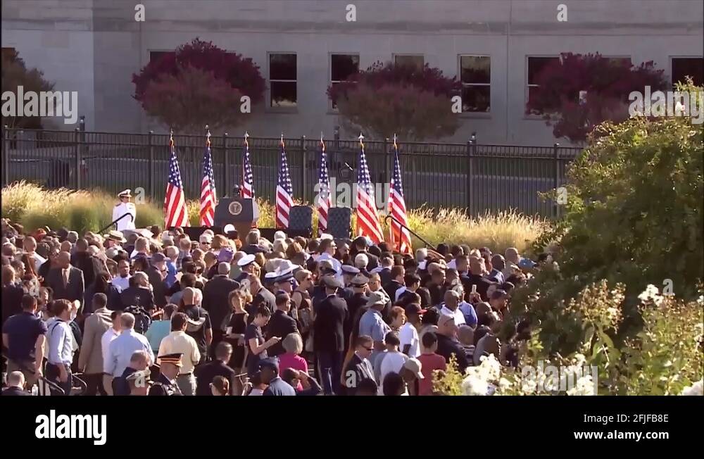 Crowd of people gathered observance ceremony at the Pentagon Memorial ...