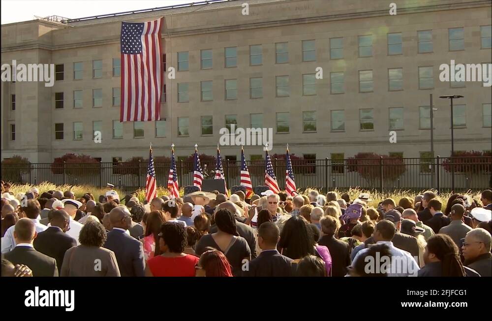 Crowd of people gathered observance ceremony at the Pentagon Memorial ...