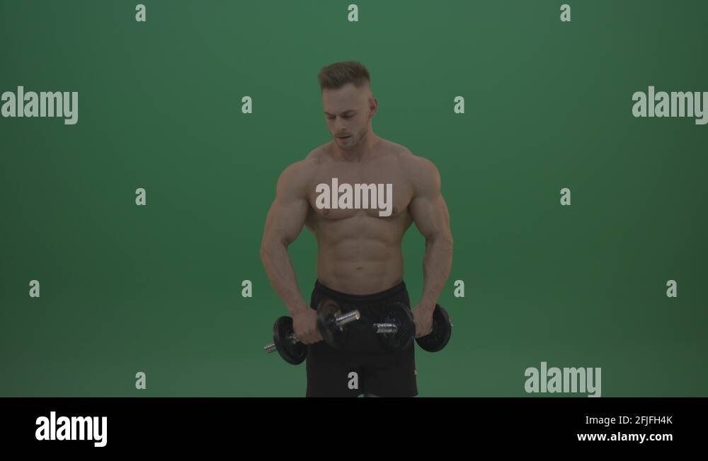 Gym Trainer Bodybuilder Working Out With Biceps on green screen Stock ...