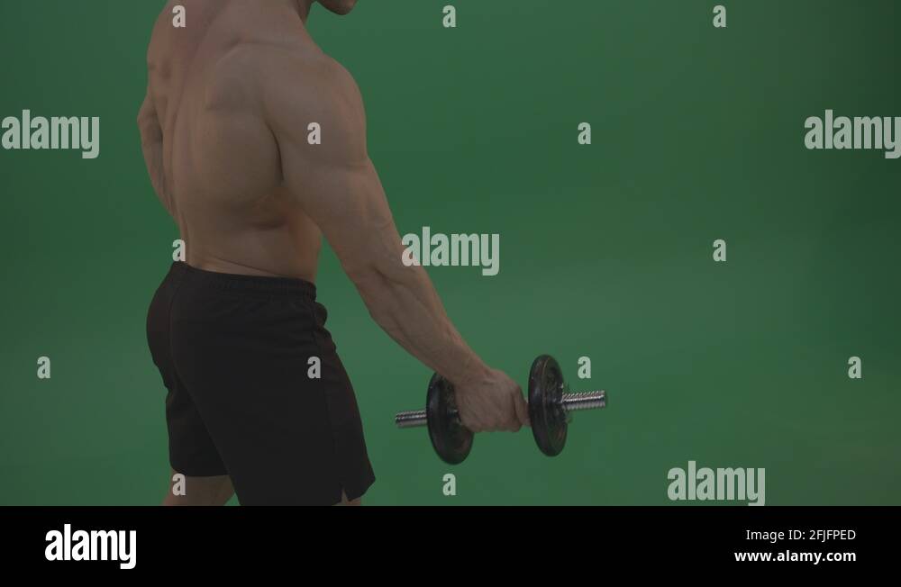 Bodybuilder foing Biceps One Hand Excercise With Dumbbell on green ...