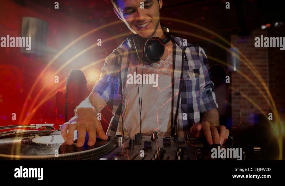 Digital animation showing smiling disco jockey mixing music in pub 4k ...