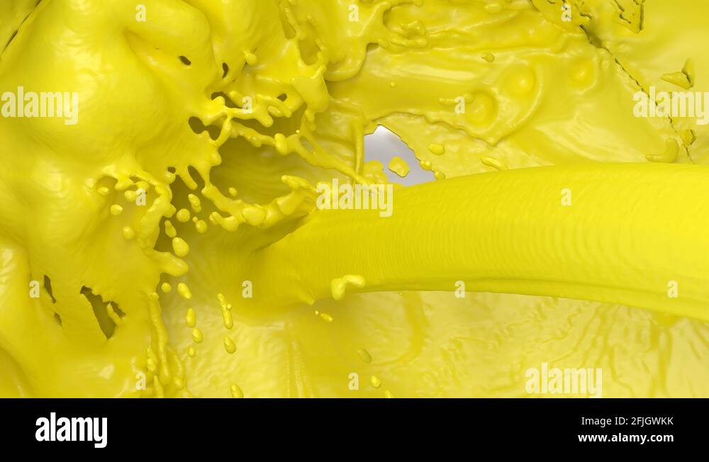 Animated pouring yellow paint into stainless steel container - top view ...