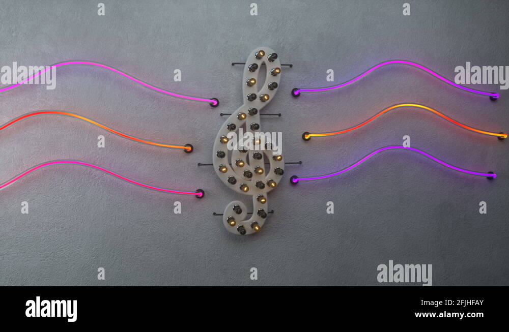 Illuminated G-clef music note and neon tubes 3D render seamless loop ...