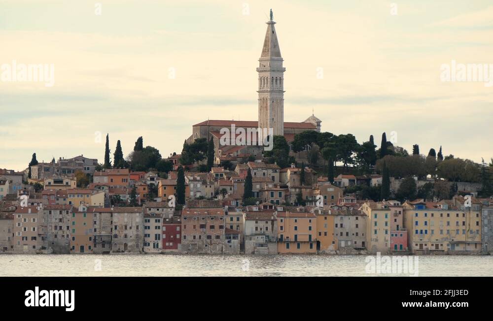 Close up footage of beautiful town, old church and colorfull houses of ...