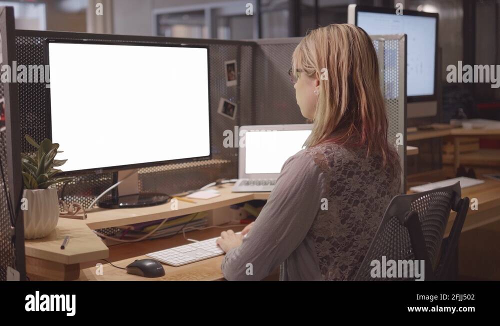 Pretty Office Girl at Computer Desk Workstation, Laptop Office Worker ...