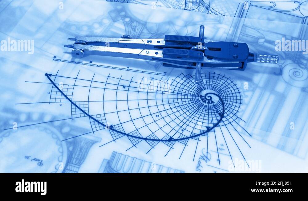 Blueprints - compass, drawing of the golden section and drawings Stock ...