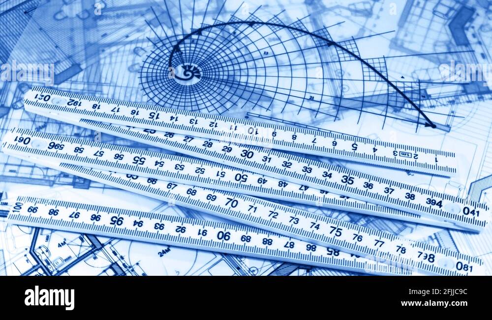 Blueprints - architectural drawings, yardstick - folding ruler and ...