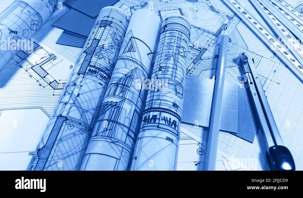 Blueprints: architectural drawings, yardstick - folding ruler & samples ...