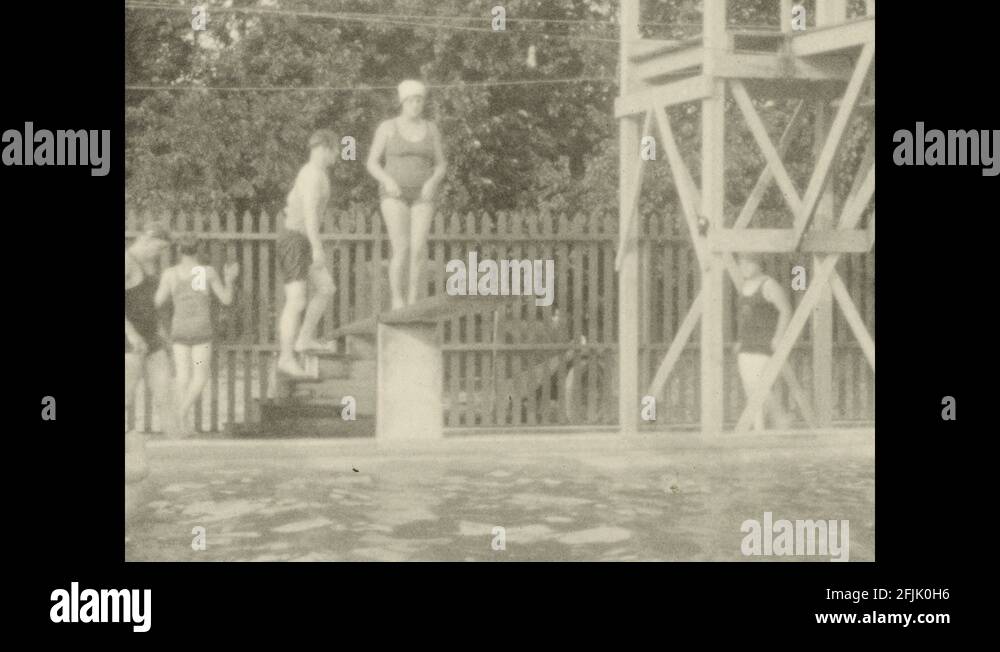 1920s: People dive into pool. People swim in pool. People do flips into ...