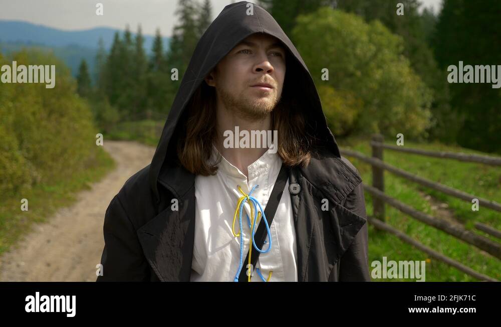 Wandering Missionary Medieval Monk Across Countryside. Man In Black ...