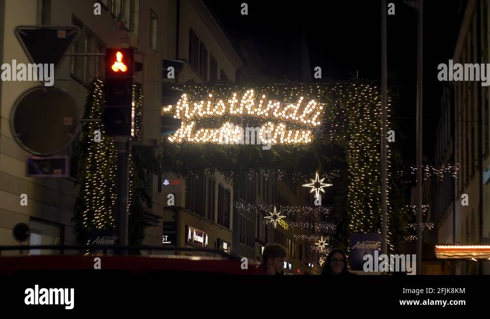 The lit sign of the Christmas Market in Chur, Switzerland with a ...