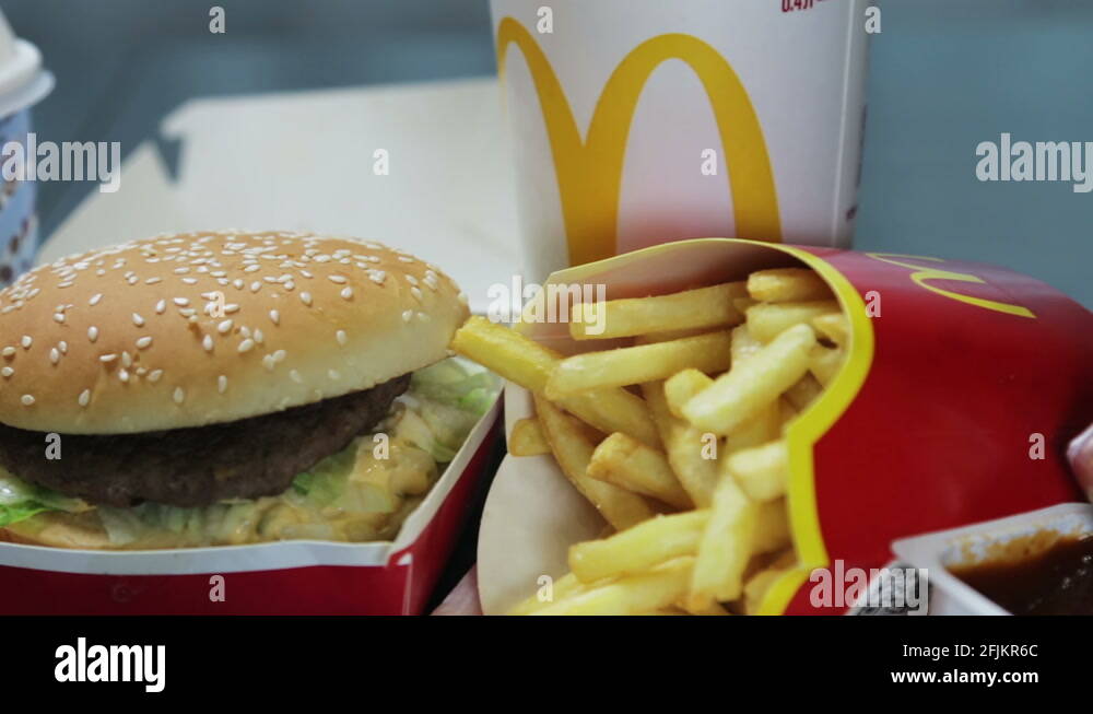 big Mac, French fries, Coca Cola and other food at McDonald's Stock ...