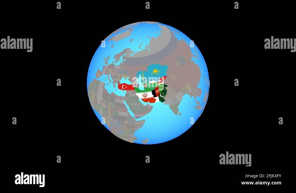 Zoom to ECO member states with flags on map Stock Video Footage - Alamy