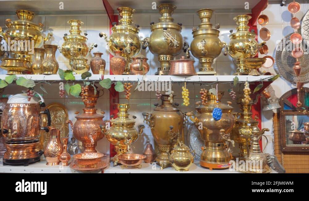 Wide range of traditional Persian copper samovars, Kashan, Iran Stock ...