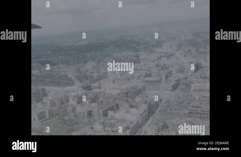 Aerial of aftermath of ruined buildings after the bombing of Berlin ...