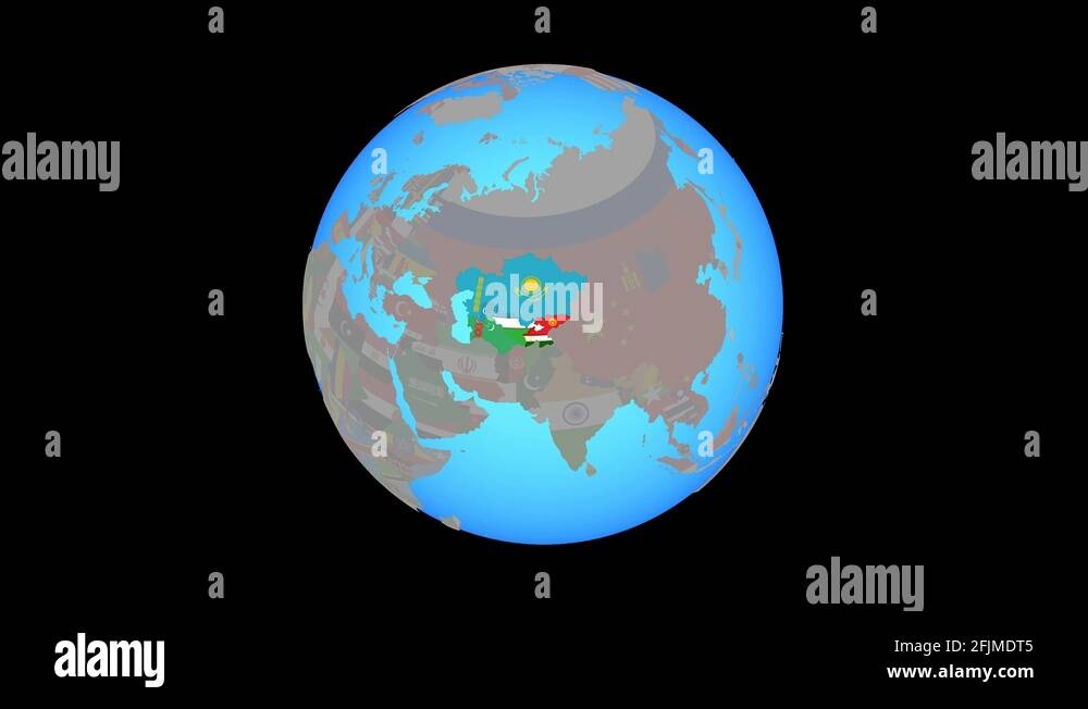 Zoom to Central Asia with flags on map Stock Video Footage - Alamy