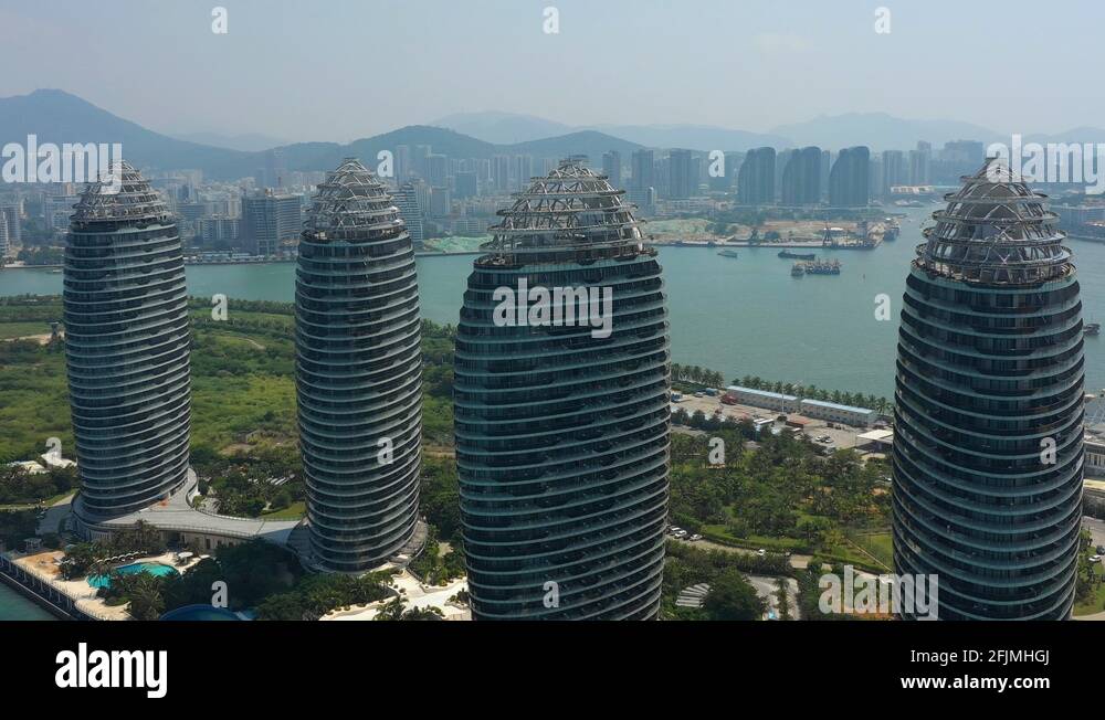 sunny hainan island sanya famous hotel rooftop aerial panorama 4k china ...