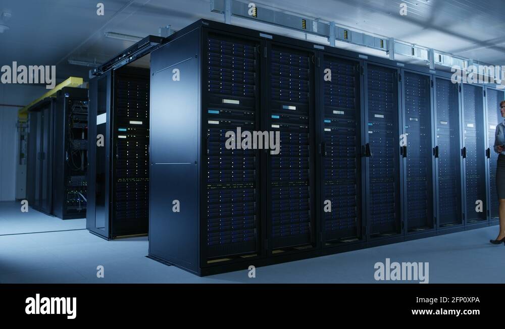 In Data Center: Female IT Technician Opens Rack Cabinet and Runs ...