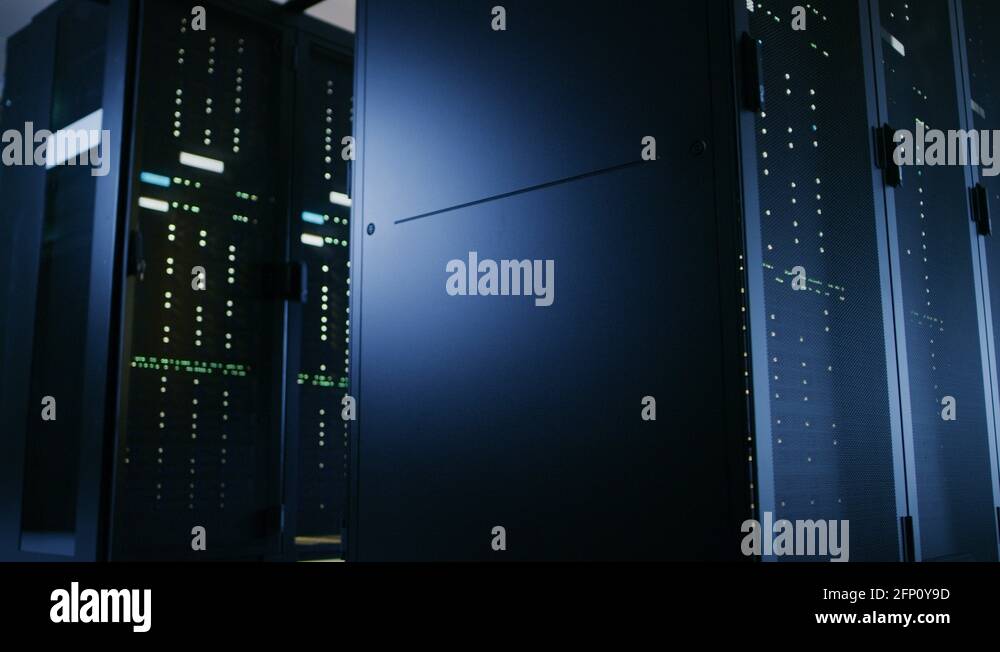 Moving Shot of Data Center With Multiple Rows of Fully Operational ...