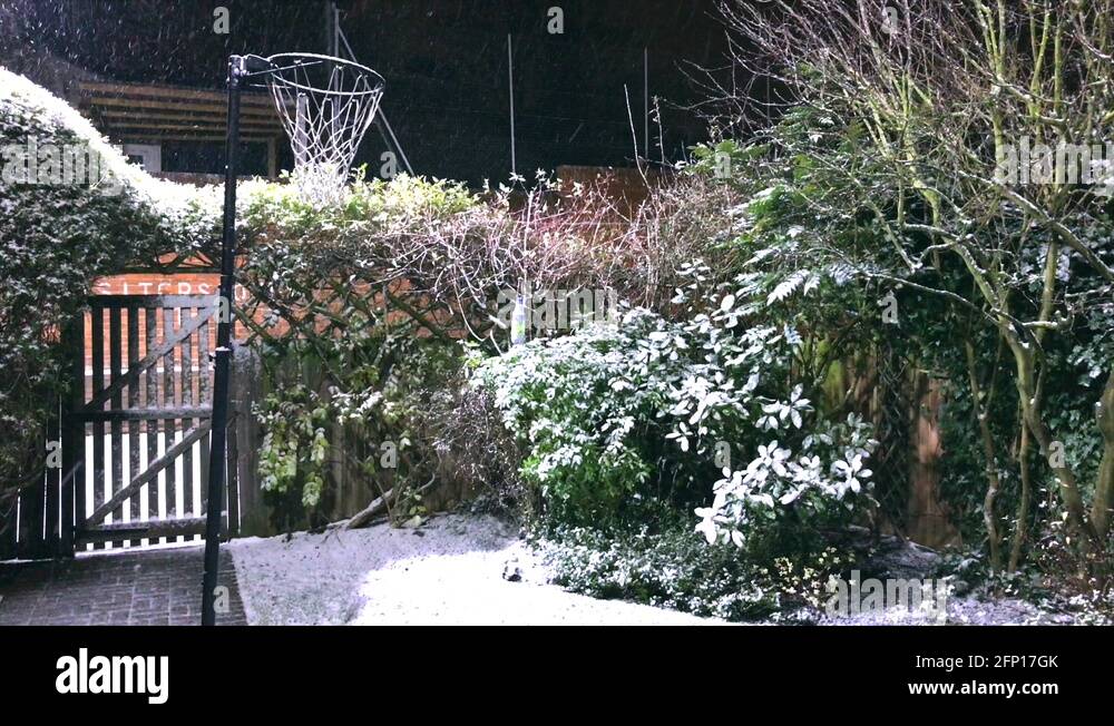 Snow falls past a Netball Hoop in an English Cottage Garden Stock Video ...