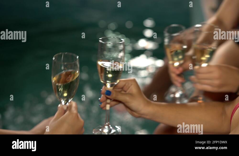Beautiful Girl in bikini. Private pool party. Drinking champagne. Loft ...