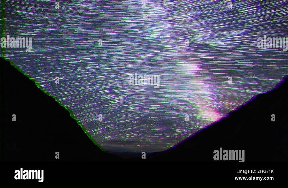 Glitch effect. Traces from stars in the form of lines. Moon rise ...