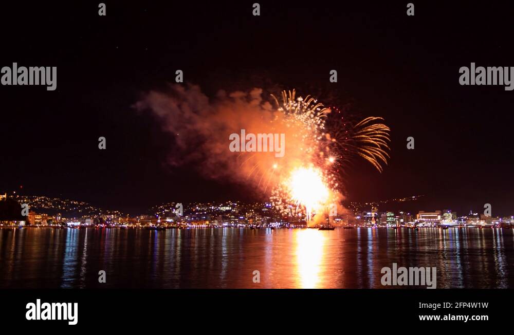 Matariki Fireworks over Wellington Harbor, display reflecting over ...