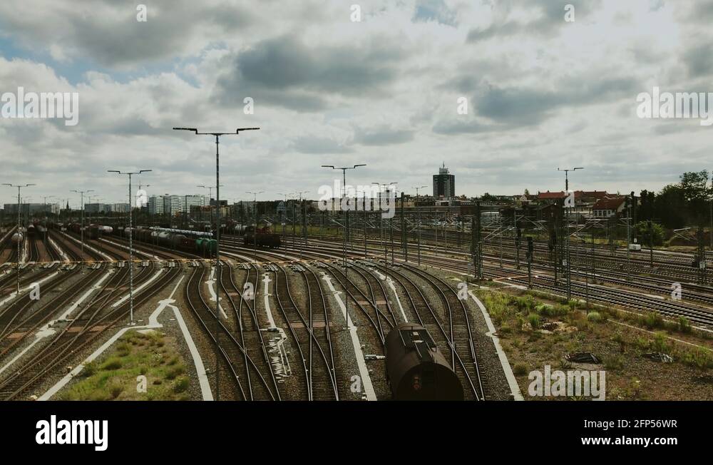 Pan of train formation or fiddle yard while wagons rolling to ...