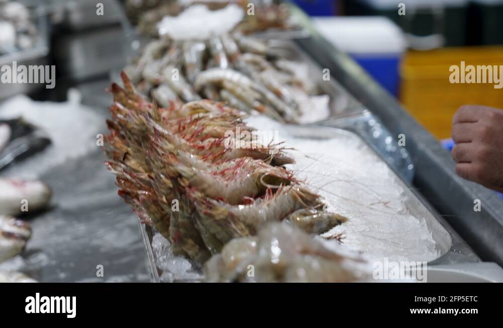 Fish monger organising prawn display at a fish market. CLOSE UP Stock ...