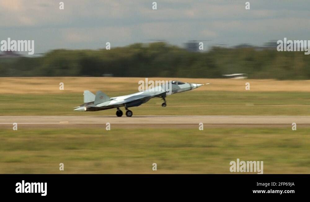 Su-57 fifth-generation fighter moves along runway on two main landing ...