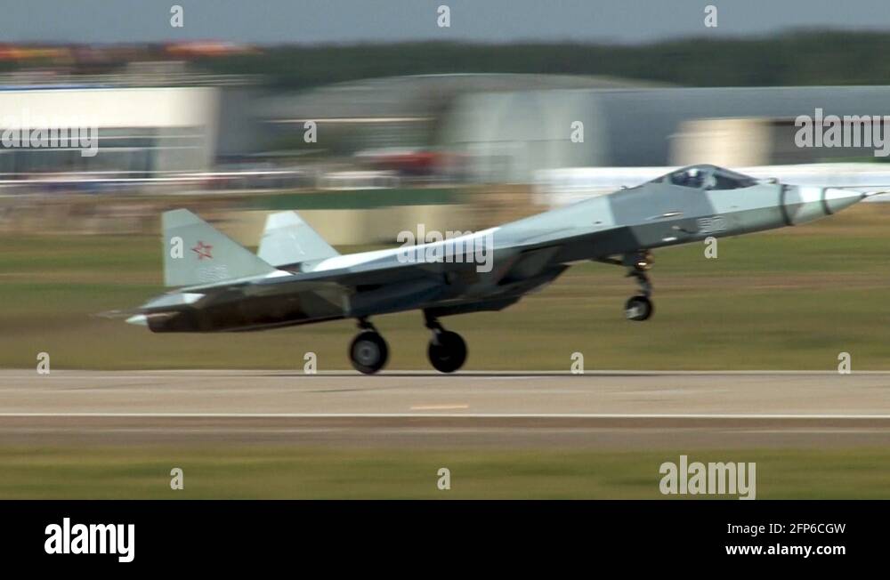 Close-up of fifth-generation fighter Su-57, taking off almost ...