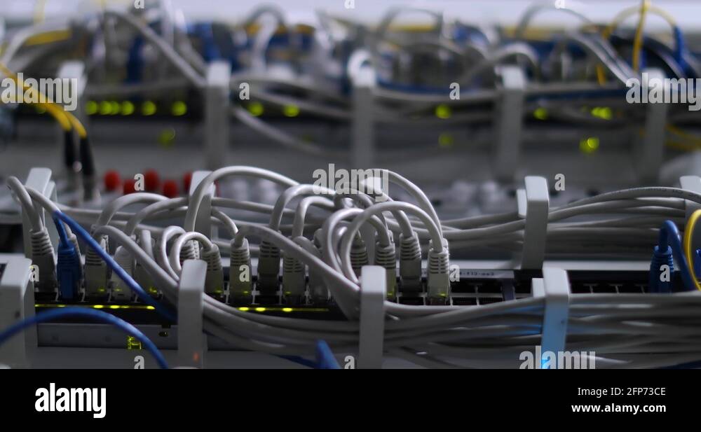 Switch And Optic Cable Connected To Network Panel With Blinking Leds ...